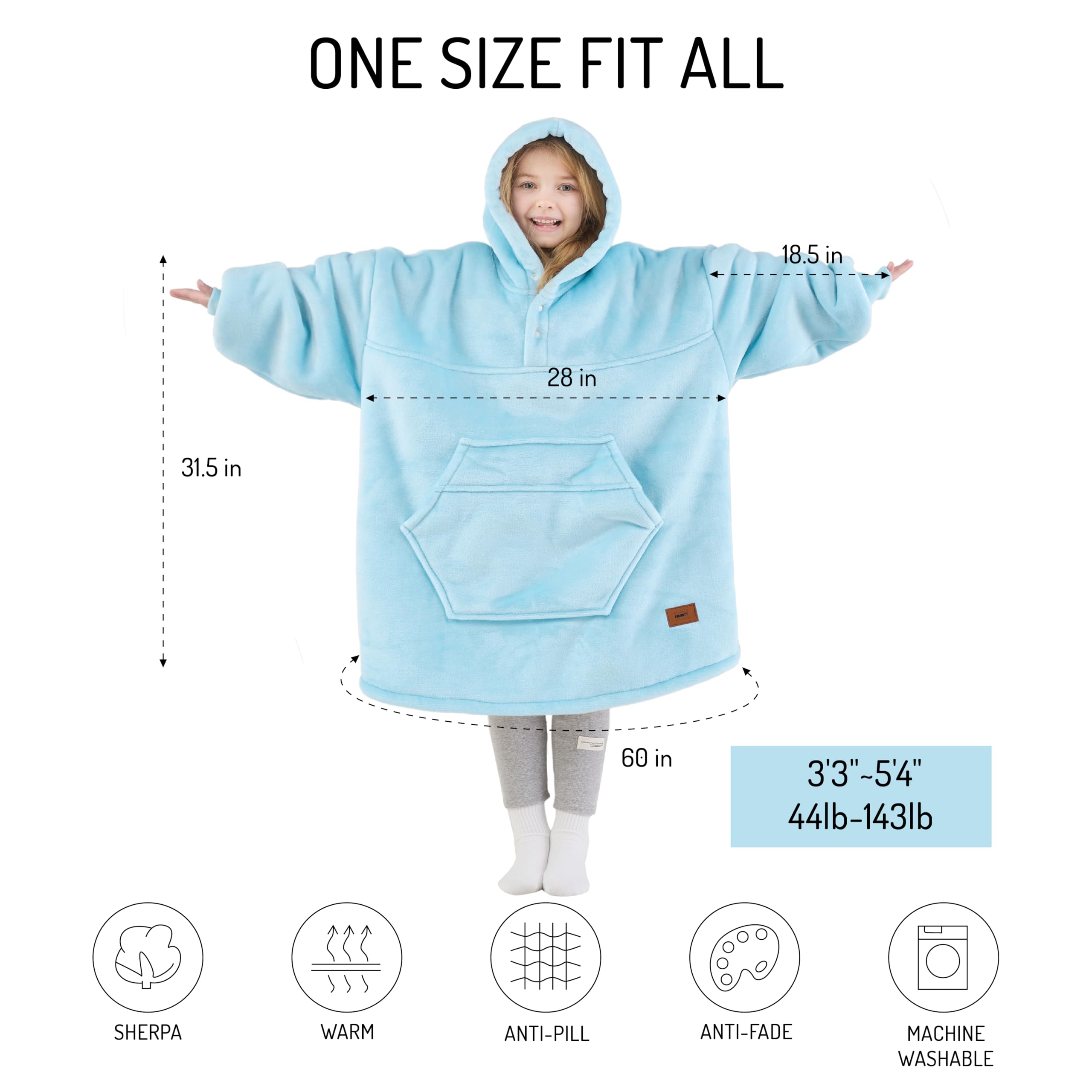 Degrees of Comfort Wearable Blanket Hoodie for Kids, Sherpa Lined Hooded Blankets Sweatshirt with Pockets, Sky Blue, One Size Fits All, 30x28 Inch