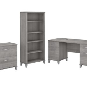 Bush Furniture Somerset 60W Office Desk with Lateral File Cabinet and 5 Shelf Bookcase in Platinum Gray