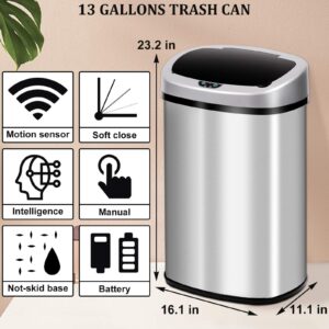 Garbage Can 13 Gallon 50 Liter, Kitchen Trash Can with Lid for Bathroom Bedroom Home Office Automatic Touch-Free Large Capacity Brushed Stainless Steel Trash Can with Lid