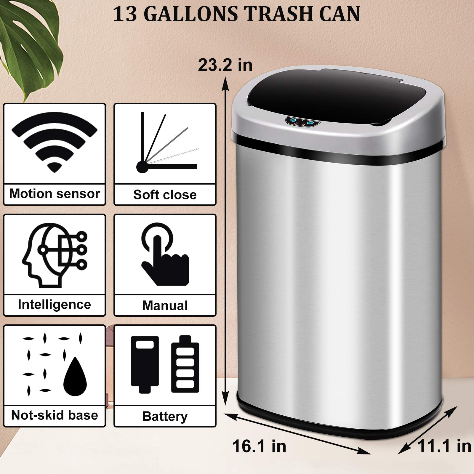 Garbage Can 13 Gallon 50 Liter, Kitchen Trash Can with Lid for Bathroom Bedroom Home Office Automatic Touch-Free Large Capacity Brushed Stainless Steel Trash Can with Lid