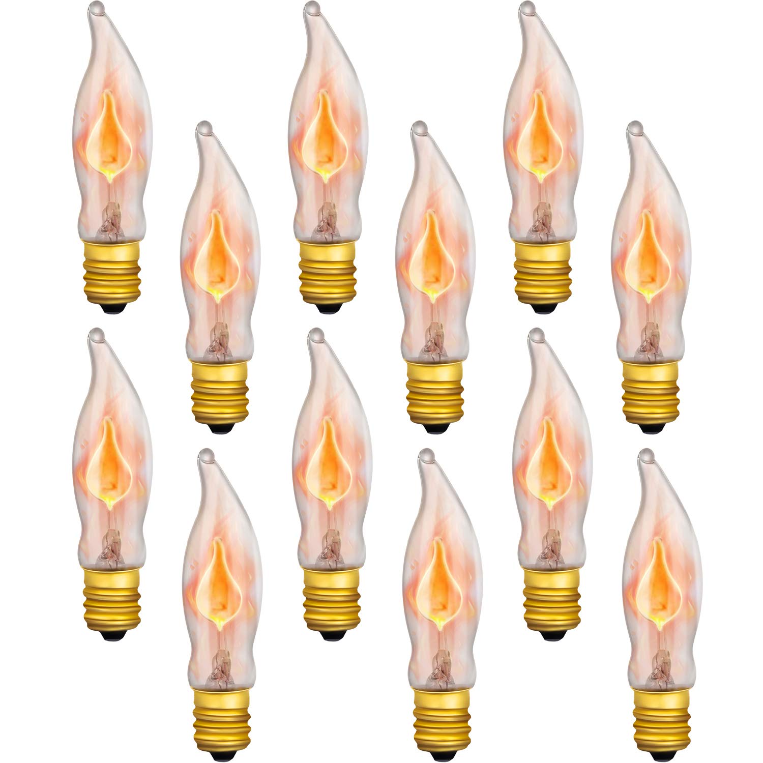 24 pcs Flicker Flame Light Bulb 3 Watt 120 Volt Flame Tip Halloween Chandelier Flickering Light Bulbs Christmas Replacement Orange Glow Bulbs Crystal Clear Candle Bulb for E12 Candelabra Base