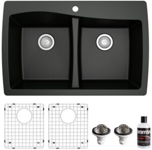 karran qt-720 drop-in quartz composite 34 in. 1-hole 50/50 double bowl kitchen sink kit in black