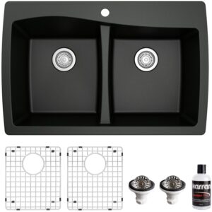 Karran QT-720 Drop-In Quartz Composite 34 in. 1-Hole 50/50 Double Bowl Kitchen Sink Kit in Black