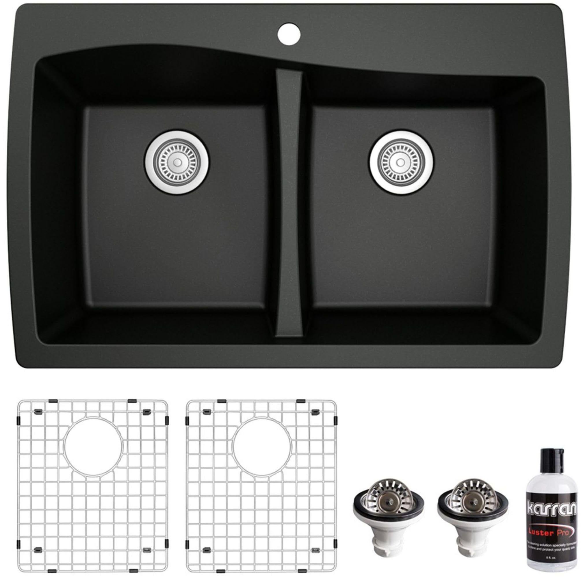 Karran QT-720 Drop-In Quartz Composite 34 in. 1-Hole 50/50 Double Bowl Kitchen Sink Kit in Black