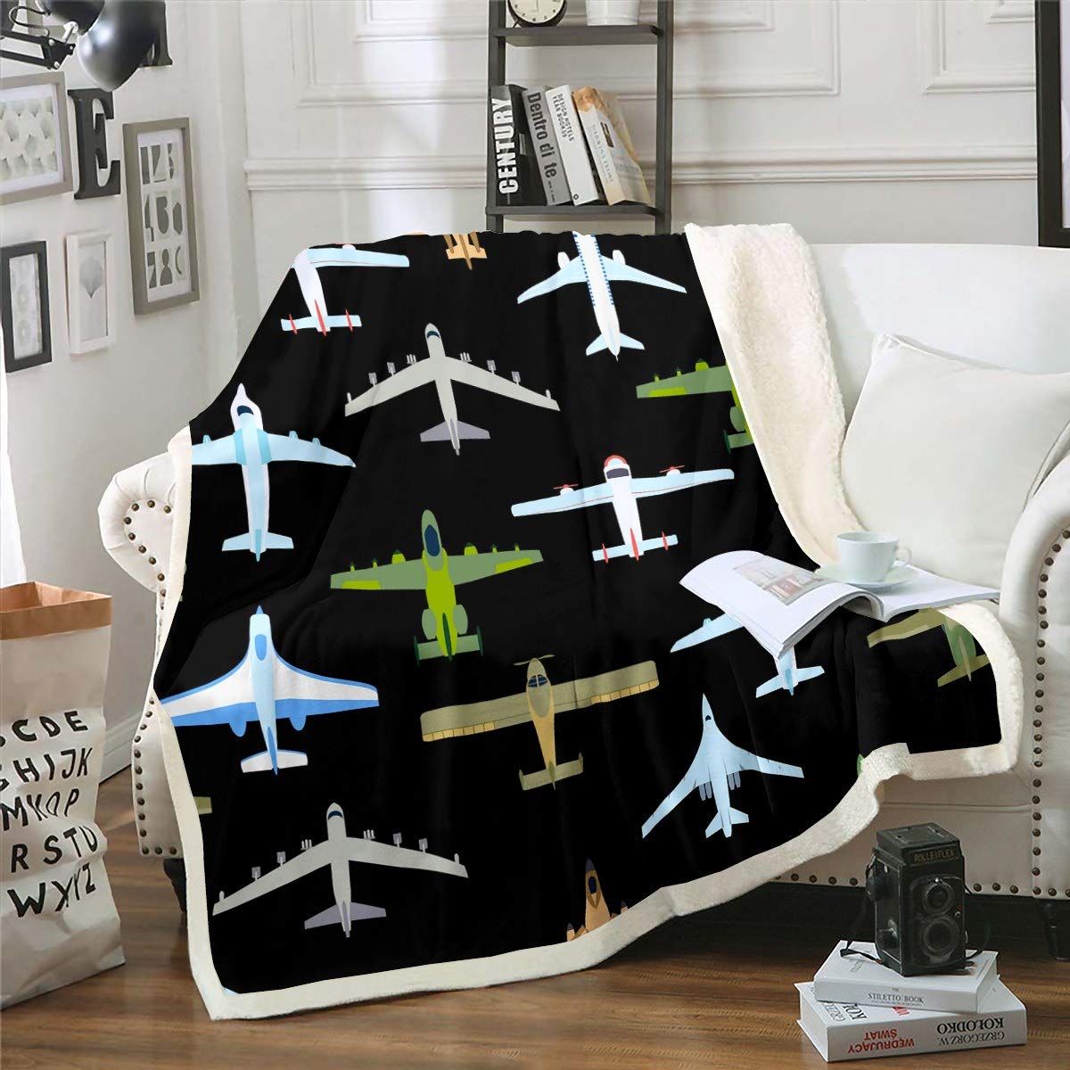 Feelyou 3D Aircraft Print Blankets and Throws Kids Boys Teens Fighter World War Fleece Blankets Pilot Flight Blanket Airplane Pattern Throw Blanketfor Couch Bed Sofa Sherpa Blanket Twin 60"x80"