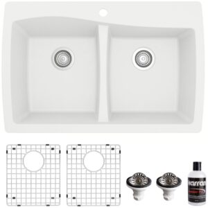 karran qt-720 drop-in quartz composite 34 in. 1-hole 50/50 double bowl kitchen sink kit in white