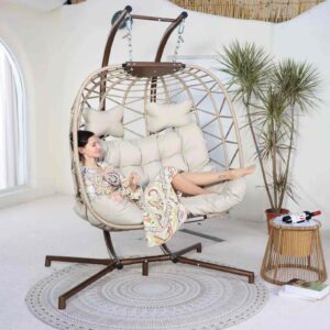 NICESOUL® Double Egg Chair Oversized 2 Person Patio Swing Chair with Stand, Indoor Outdoor Large PE Wicker Egg Shaped Hanging Egg Chair Thick Cushion (Beige)