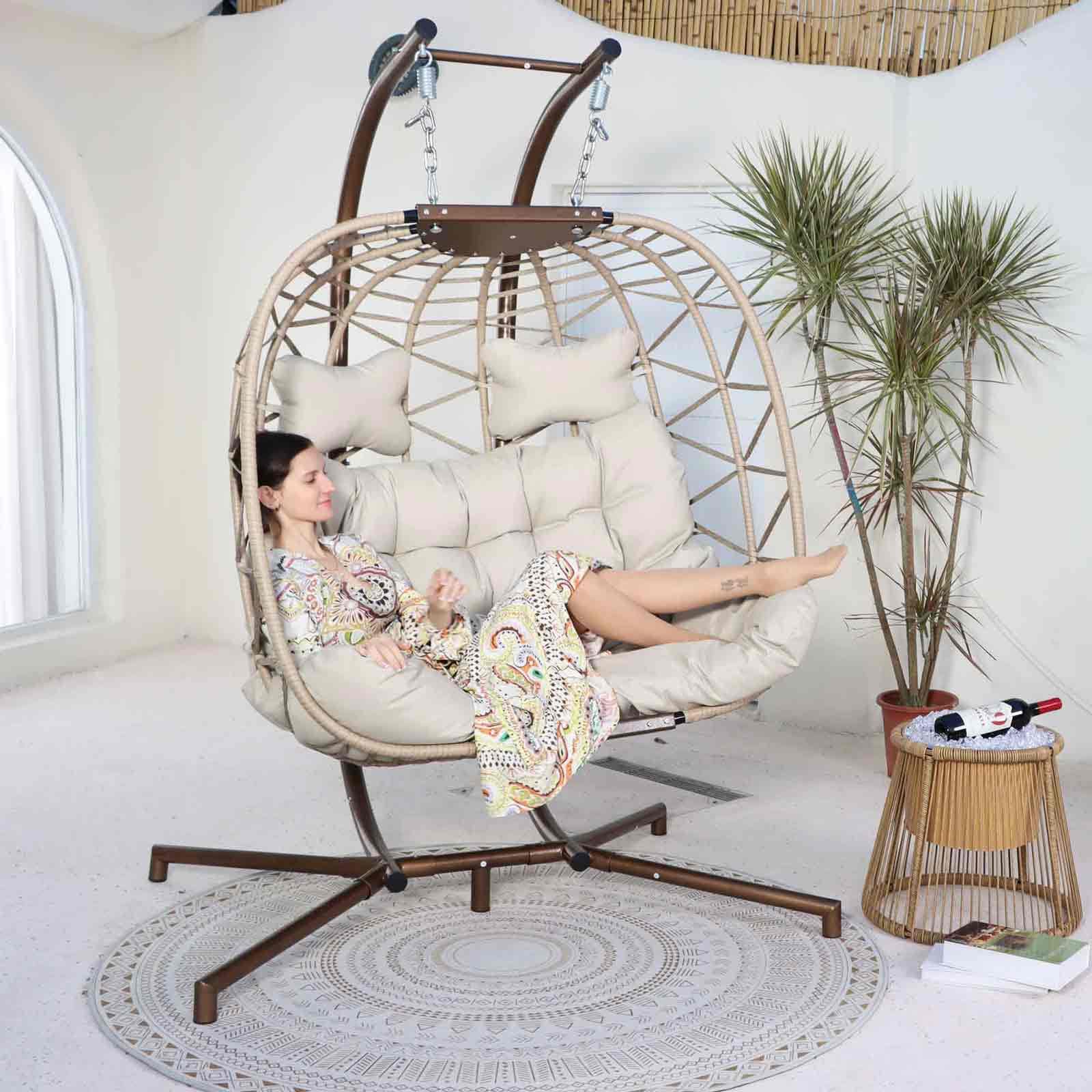 NICESOUL® Double Egg Chair Oversized 2 Person Patio Swing Chair with Stand, Indoor Outdoor Large PE Wicker Egg Shaped Hanging Egg Chair Thick Cushion (Beige)