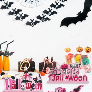 3 pcs Halloween Table Decor Wooden Centerpiece Signs- Happy Halloween Trick or Treat Boo Tabletop Signs with Witch Hat Goast Pumpkin for Home Party Office Desk Halloween Decorations Indoor