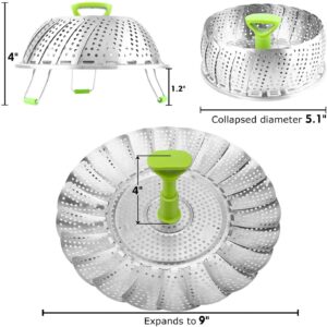 Vegetable Steamer Basket, Stainless Steel Folding Steamer Basket Insert for Veggie Fish Seafood Cooking, Expandable to Fit Various Size Pot (5.1" to 9" Triangle)