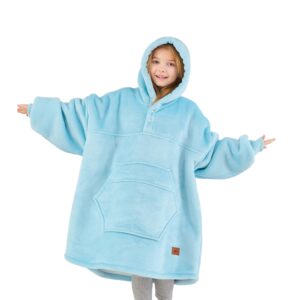 degrees of comfort wearable blanket hoodie for kids, sherpa lined hooded blankets sweatshirt with pockets, sky blue, one size fits all, 30x28 inch