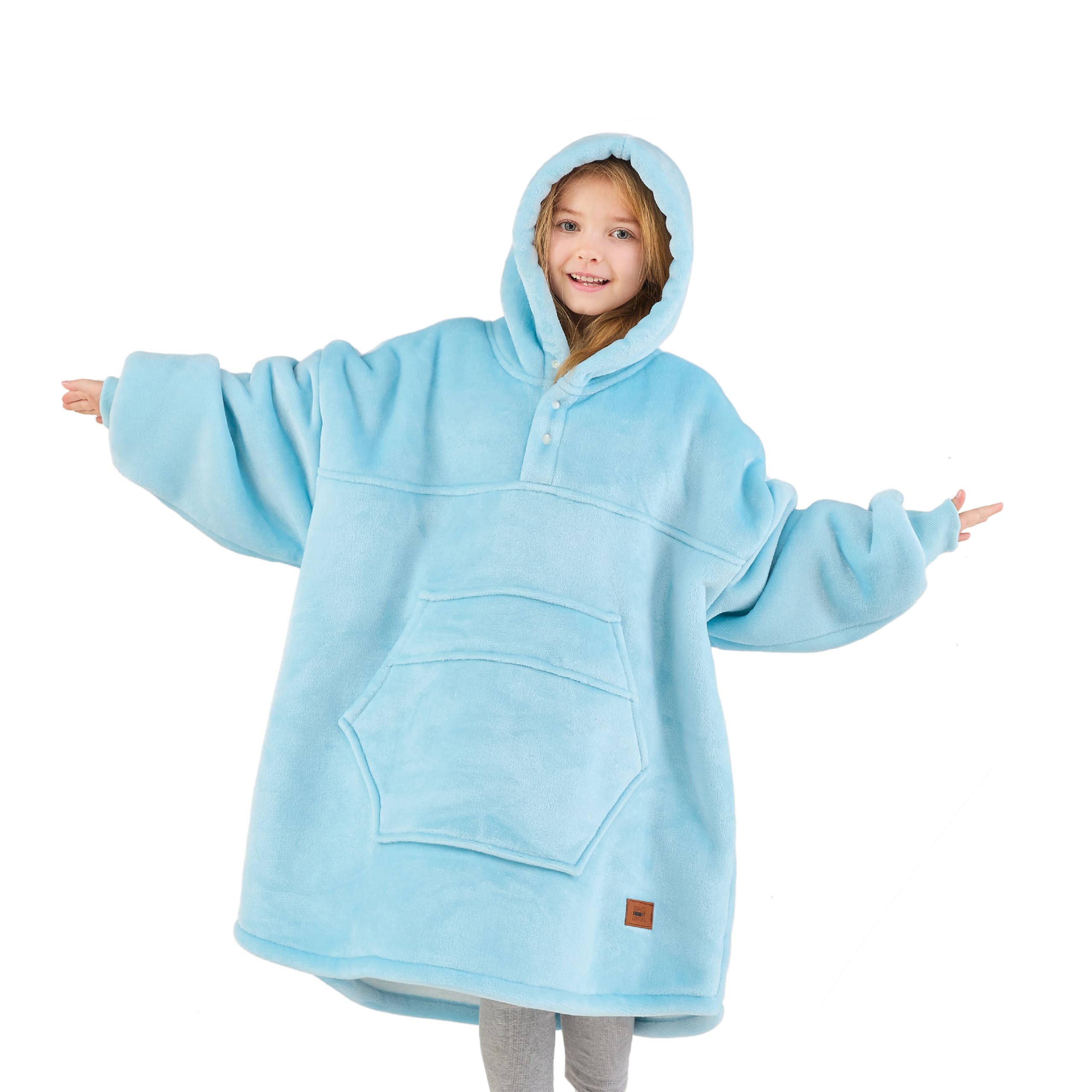 Degrees of Comfort Wearable Blanket Hoodie for Kids, Sherpa Lined Hooded Blankets Sweatshirt with Pockets, Sky Blue, One Size Fits All, 30x28 Inch