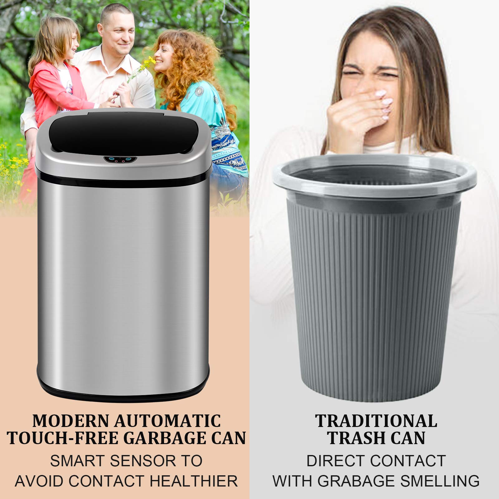 Garbage Can 13 Gallon 50 Liter, Kitchen Trash Can with Lid for Bathroom Bedroom Home Office Automatic Touch-Free Large Capacity Brushed Stainless Steel Trash Can with Lid