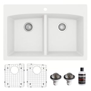 karran qt-710 drop-in quartz composite 33 in. 1-hole 50/50 double bowl kitchen sink kit in white