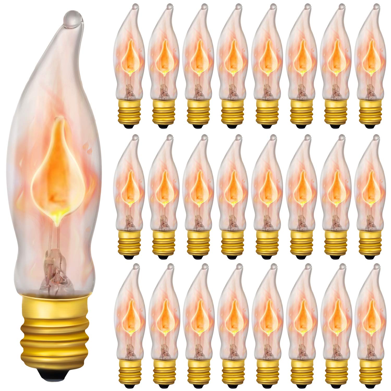 24 pcs Flicker Flame Light Bulb 3 Watt 120 Volt Flame Tip Halloween Chandelier Flickering Light Bulbs Christmas Replacement Orange Glow Bulbs Crystal Clear Candle Bulb for E12 Candelabra Base