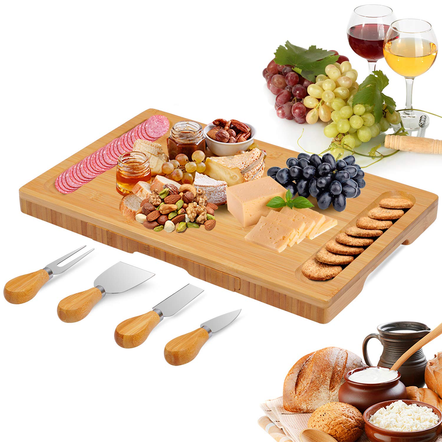 Bamboo Cheese Board and Knife Set, Cheese Plate Charcuterie Platter Serving Tray for Wine, Crackers, Brie and Meat, Large Thick Wooden Server, Fancy House Warming Gift for Gourmets (16''x10'')