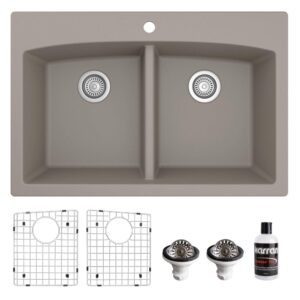 karran qt-710 drop-in quartz composite 33 in. 1-hole 50/50 double bowl kitchen sink kit in concrete