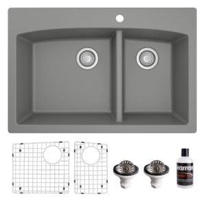 karran qt-711 drop-in quartz composite 33 in. 1-hole 60/40 double bowl kitchen sink kit in grey