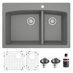 Karran QT-711 Drop-In Quartz Composite 33 in. 1-Hole 60/40 Double Bowl Kitchen Sink Kit in Grey