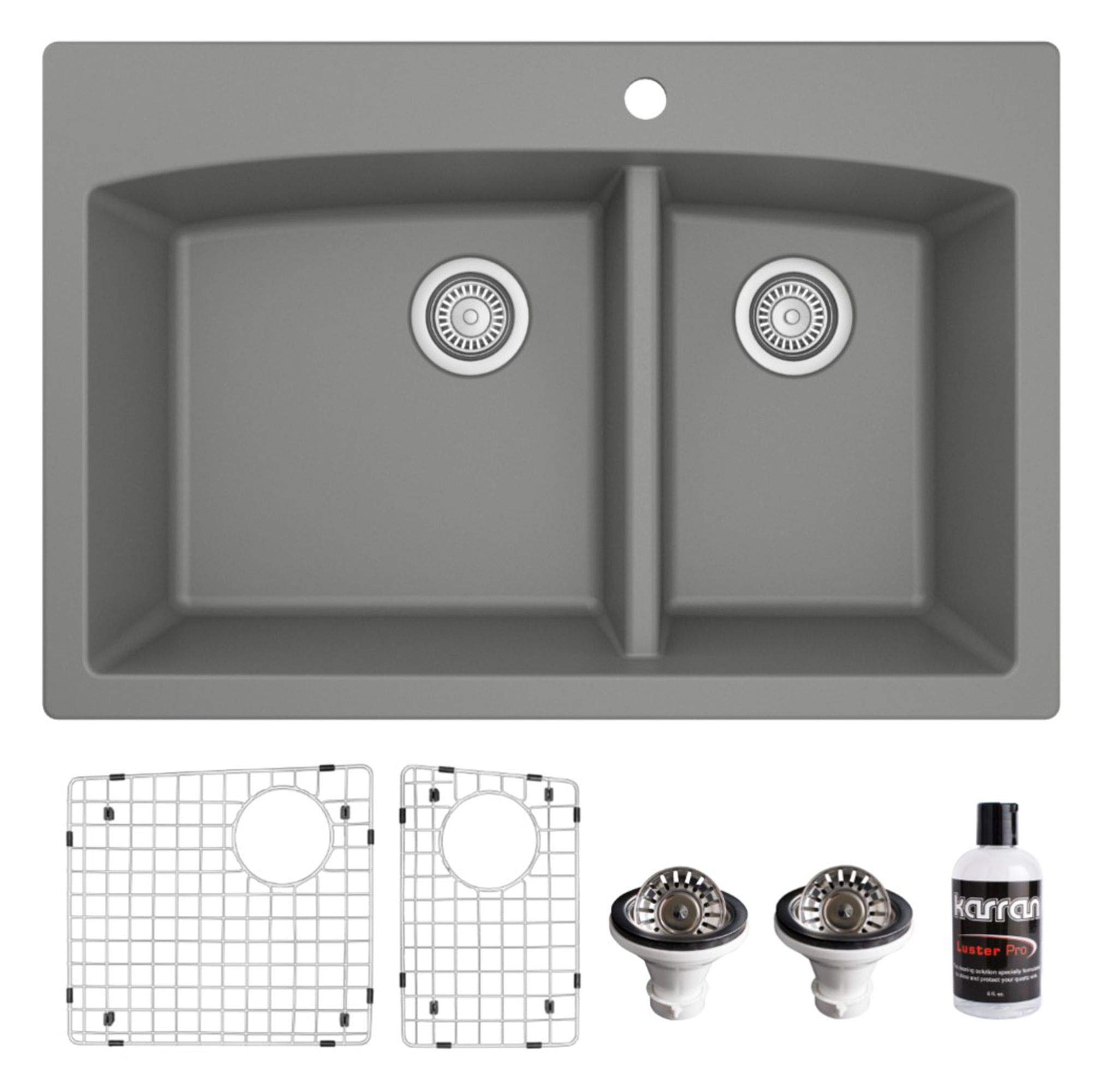 Karran QT-711 Drop-In Quartz Composite 33 in. 1-Hole 60/40 Double Bowl Kitchen Sink Kit in Grey