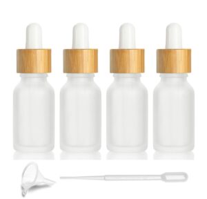 4 pcs bamboo frosted glass eye dropper bottle,empty essential oil bottles with pure glass pipettes,bamboo cap makeup travel cosmetic sample container-pipette&funnel included (15ml/0.5 ounce)