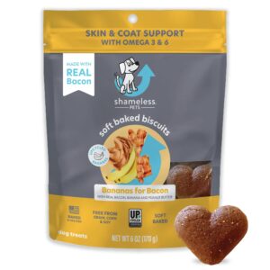 shameless pets soft-baked dog treats, bananas for bacon - natural & healthy dog chews for skin & coat support with omega 3 & 6 - dog biscuits baked & made in usa, free from grain, corn & soy - 1-pack