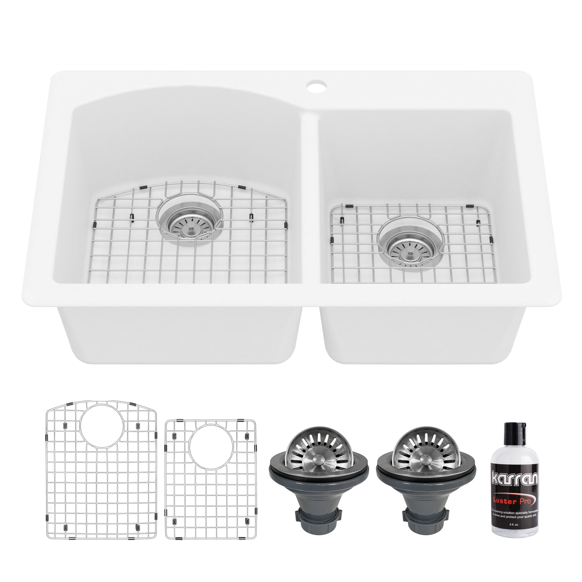 Karran QT-610 Drop-In Quartz Composite 33 in. 1-Hole 60/40 Double Bowl Kitchen Sink Kit in White