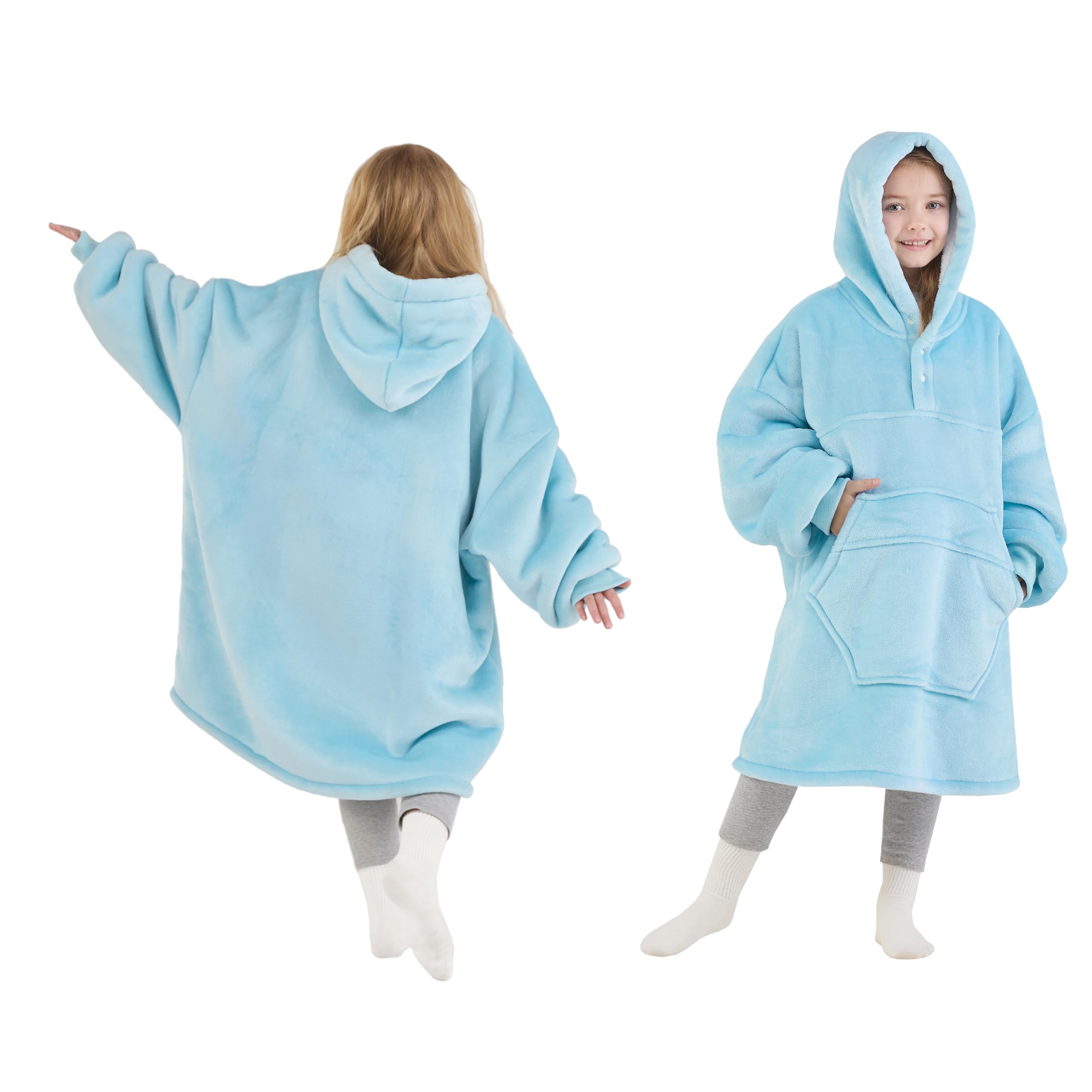 Degrees of Comfort Wearable Blanket Hoodie for Kids, Sherpa Lined Hooded Blankets Sweatshirt with Pockets, Sky Blue, One Size Fits All, 30x28 Inch