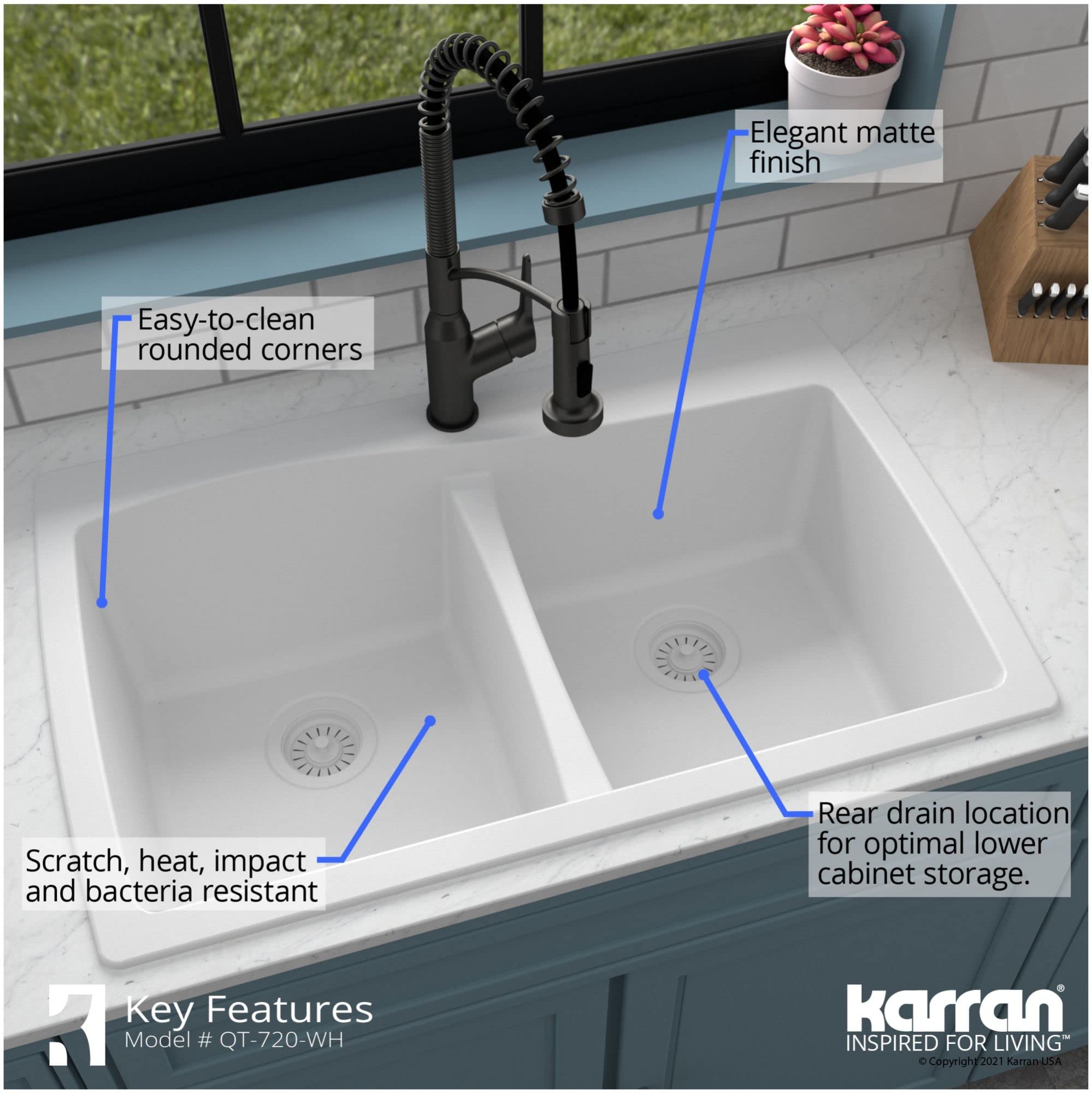 Karran QT-720 Drop-In Quartz Composite 34 in. 1-Hole 50/50 Double Bowl Kitchen Sink Kit in Black