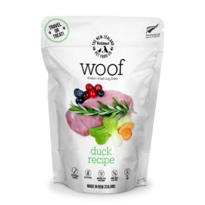 the new zealand natural pet food co. woof freeze dried dog food - duck recipe, high protein, complete diet, dog treats, all life stages - 1.76 oz