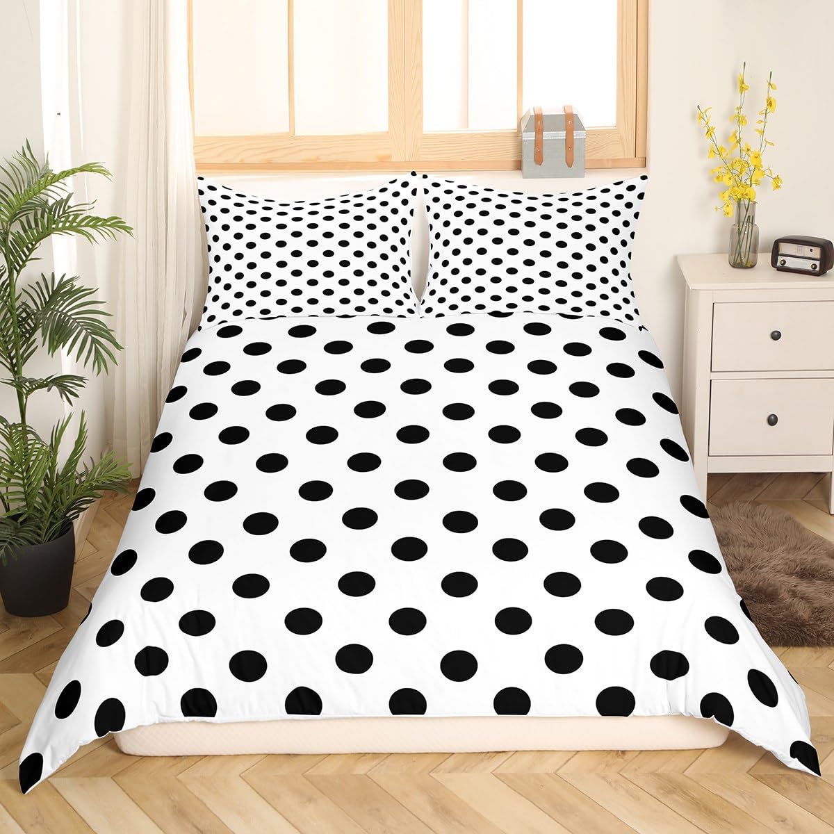 Feelyou Polka Dots Duvet Cover Black Circle Bedding Set Modern Geometry Design Comforter Cover for Boys Girls Kids Room Decor Lightweight Black White Bedspread Cover Queen Size with 2 Pillow Case