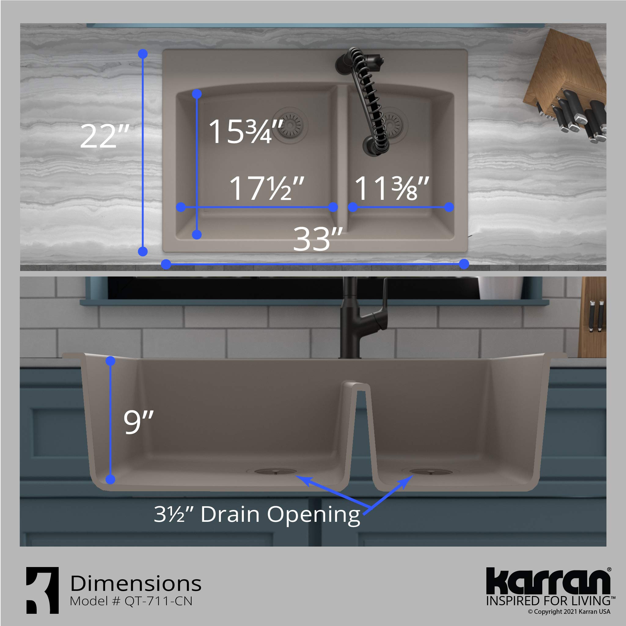 Karran QT-711 Drop-In Quartz Composite 33 in. 1-Hole 60/40 Double Bowl Kitchen Sink Kit in Concrete