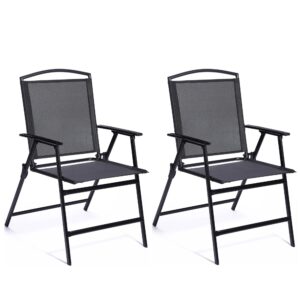 bylring patio folding sling dining chairs set of 2 outdoor indoor backrest portable household seats for outside lawn garden patio pool yard with armrest(black)