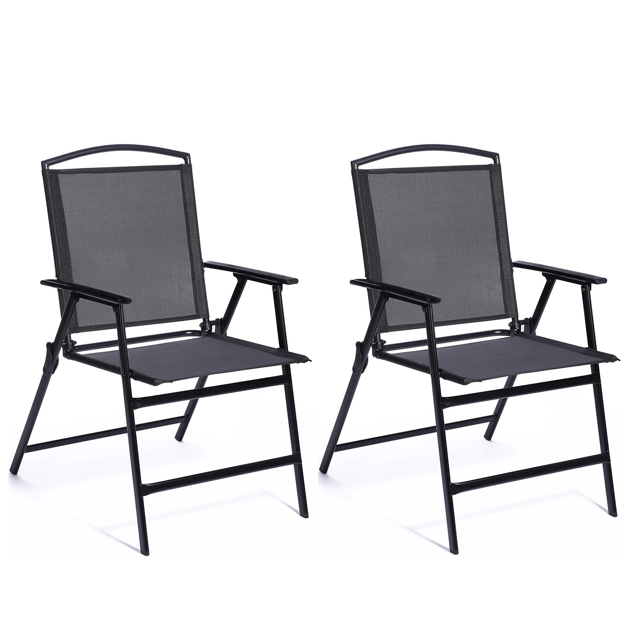 Bylring Patio Folding Sling Dining Chairs Set of 2 Outdoor Indoor Backrest Portable Household Seats for Outside Lawn Garden Patio Pool Yard with Armrest(Black)