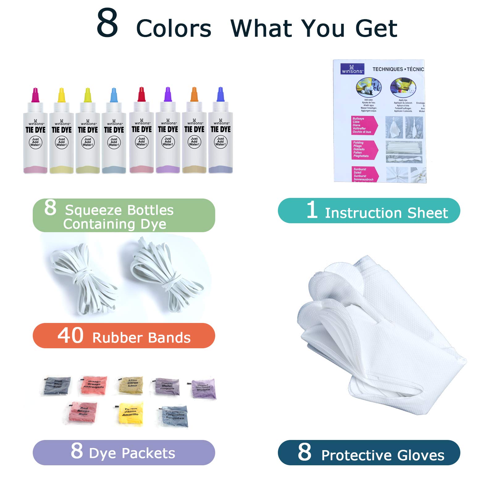 WINSONS Tie Dye Kit, 8 Colours Non Toxic Permanent Fabric Dye Art Set for Kids Women for Homemade Party Creative Group Activities DIY Gift