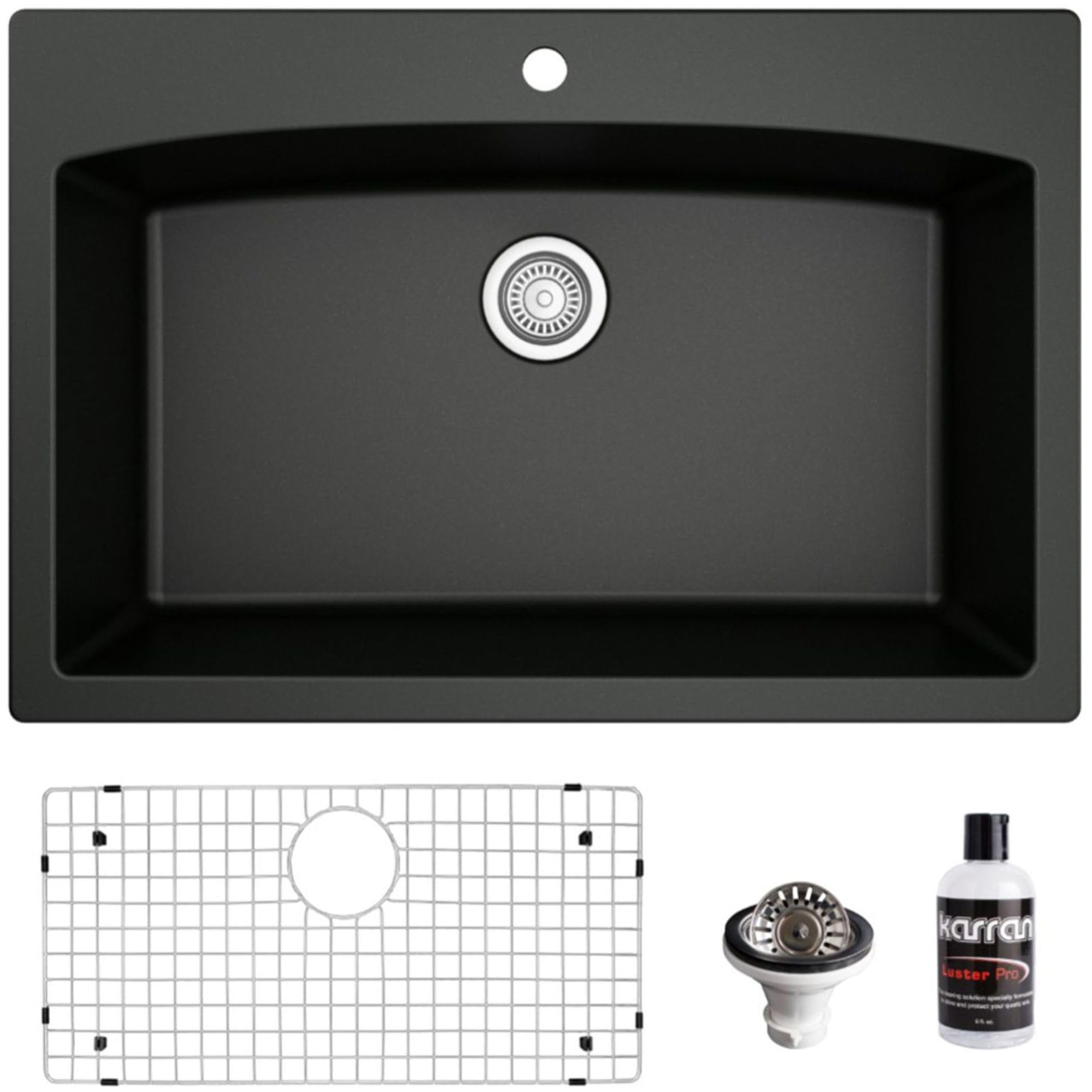 Karran QT-712 Drop-In Quartz Composite 33 in. 1-Hole Single Bowl Kitchen Sink Kit in Black