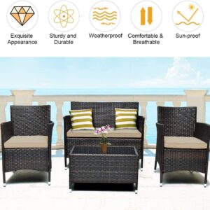 LUARANE 4-Piece Rattan Patio Furniture Set, Outdoor Wicker Sofa Couch Table Set, w/Thick Seat Cushions Tempered Glass Coffee Table, Conversation Set for Lawn Garden Poolside Backyard (Brown)