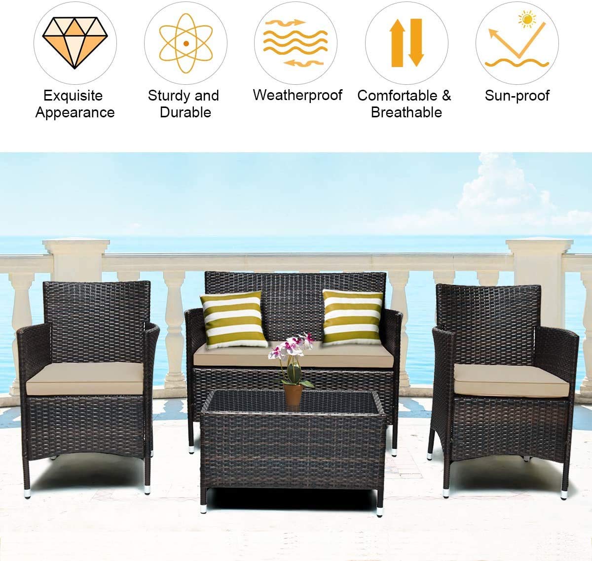 LUARANE 4-Piece Rattan Patio Furniture Set, Outdoor Wicker Sofa Couch Table Set, w/Thick Seat Cushions Tempered Glass Coffee Table, Conversation Set for Lawn Garden Poolside Backyard (Brown)