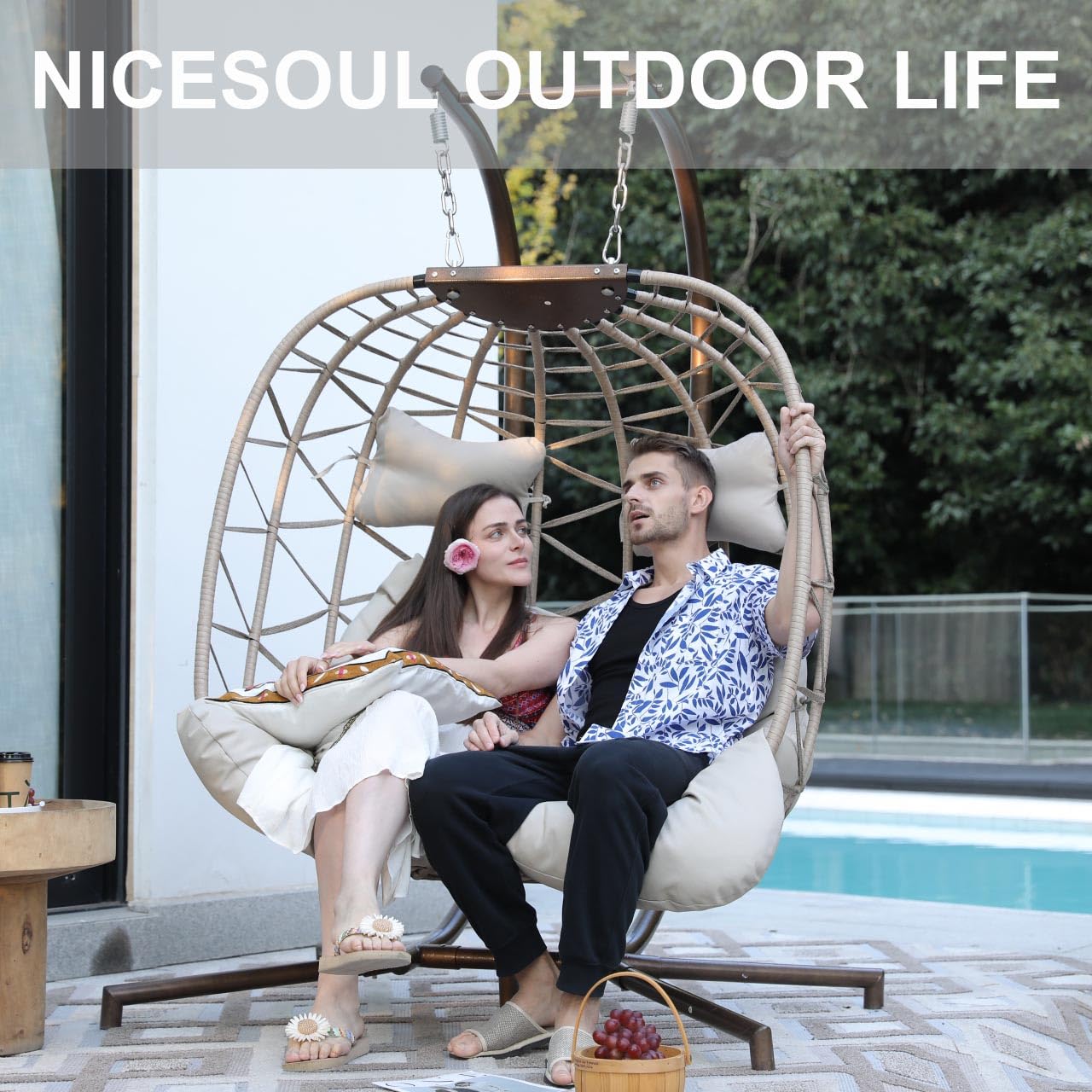 NICESOUL® Double Egg Chair Oversized 2 Person Patio Swing Chair with Stand, Indoor Outdoor Large PE Wicker Egg Shaped Hanging Egg Chair Thick Cushion (Beige)