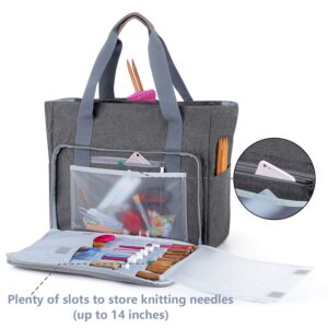 Teamoy Knitting Bag, Travel Yarn Storage Tote Organizer for Yarn, Unfinished Project, Crochet Hooks, Knitting Needles and Accessories, Lightweight, Water-Resistant, Large Capacity, Gray