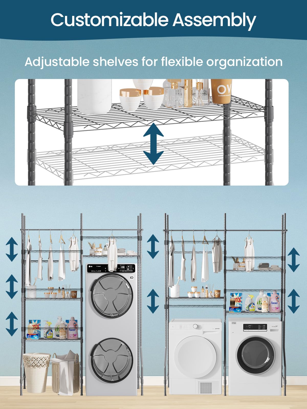 YORKING Clothes Drying Rack, Over The Washer and Dryer Storage Shelf with Adjustable Shelves, Space Saving Drying Rack for Laundry Room Easy Storage