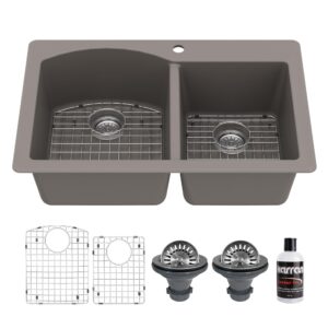 karran qt-610 drop-in quartz composite 33 in. 1-hole 60/40 double bowl kitchen sink kit in concrete