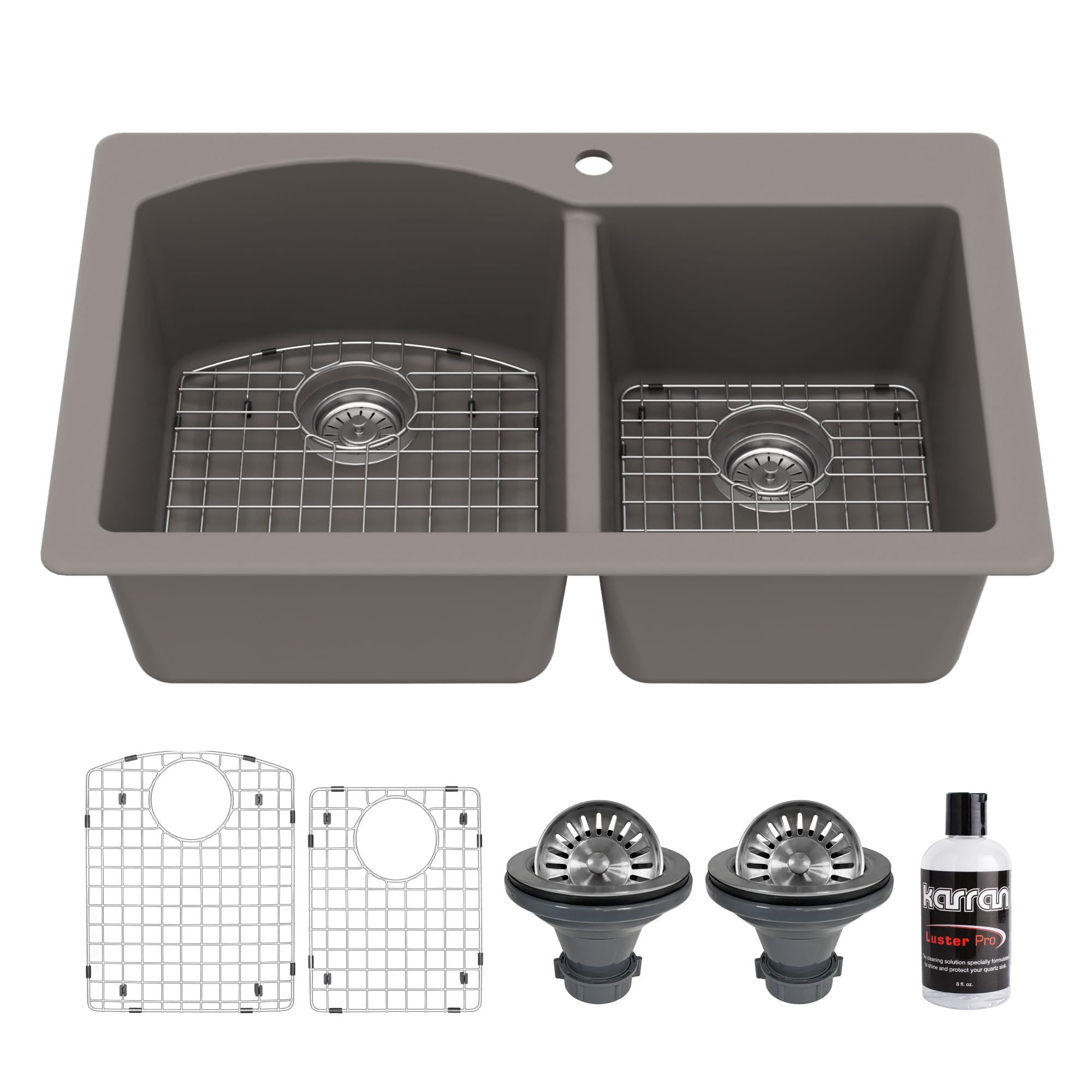 Karran QT-610 Drop-In Quartz Composite 33 in. 1-Hole 60/40 Double Bowl Kitchen Sink Kit in Concrete