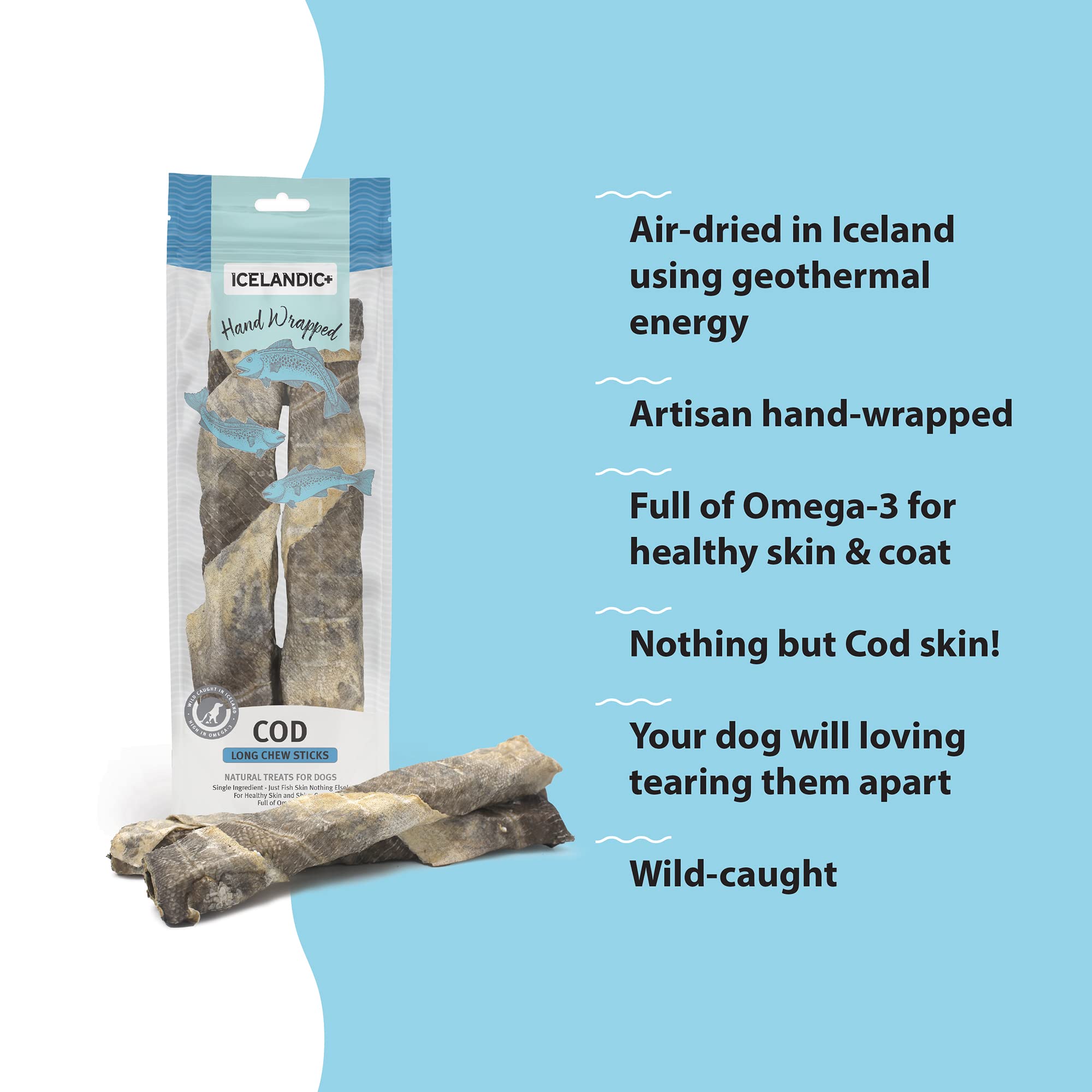 Icelandic+ Cod Skin 10" Long Hand Wrapped Dog Chew Stick, 2-Pack, 3.2-oz Bag