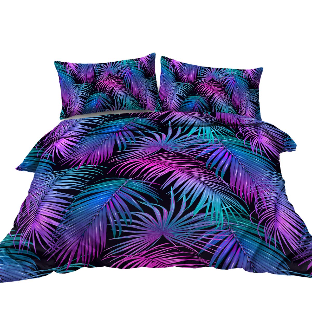 BlessLiving Palm Leaf Bedding Neonl Tropical Leaves on Black Duvet Cover Set 3 Piece Girly Modern Bedspreads Queen Size Pink Teal Purple and Blue