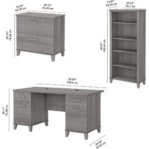 Bush Furniture Somerset 60W Office Desk with Lateral File Cabinet and 5 Shelf Bookcase in Platinum Gray