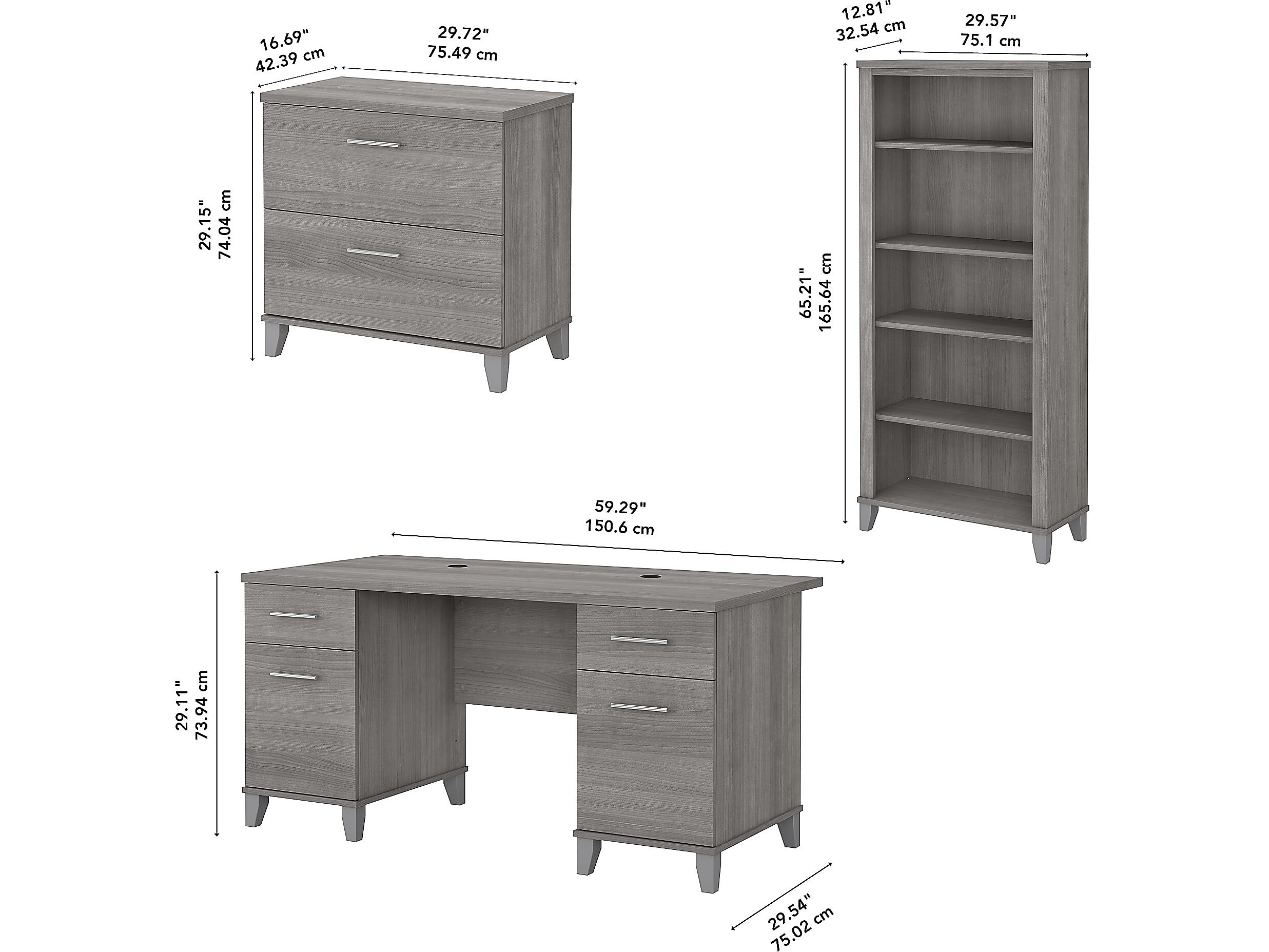 Bush Furniture Somerset 60W Office Desk with Lateral File Cabinet and 5 Shelf Bookcase in Platinum Gray