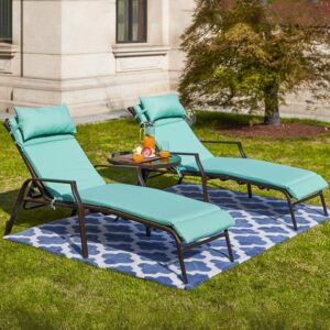 festival depot 3 pieces chaise lounge set of 2 patio chairs with adjustable back removable cushions and 1 bistro table outdoor furniture for pool lawn deck garden (light blue)