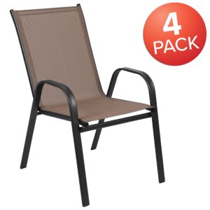 Flash Furniture Brazos Series Outdoor Stackable Patio Chairs with Flex Comfort Material, Stacking Outdoor Modern Sling Patio Chairs, Brown (Pack of 4)