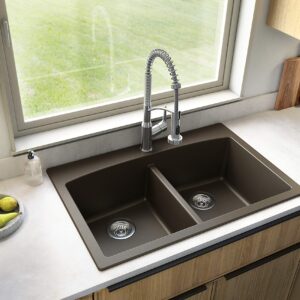 Karran QT-710 Drop-In Quartz Composite 33 in. 1-Hole 50/50 Double Bowl Kitchen Sink Kit in Brown